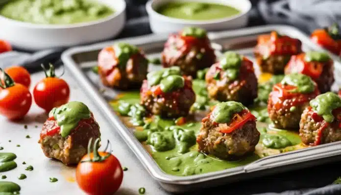 Sheet Pan Meatballs With Tomato Salad And Green Sauce - MarketGrow.com
